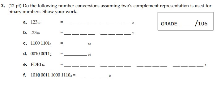 Solved (12 pt) Do the following number conversions assuming | Chegg.com