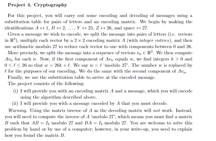 Project 1. Cryptography For this project, you will | Chegg.com