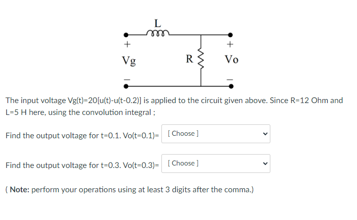 Solved The input voltage Vg(t)=20[u(t)−u(t−0.2)] is applied | Chegg.com