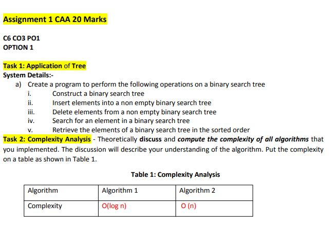 Solved Assignment 1 CAA 20 Marks C6 CO3 PO1 OPTION 1 Task 1: | Chegg.com