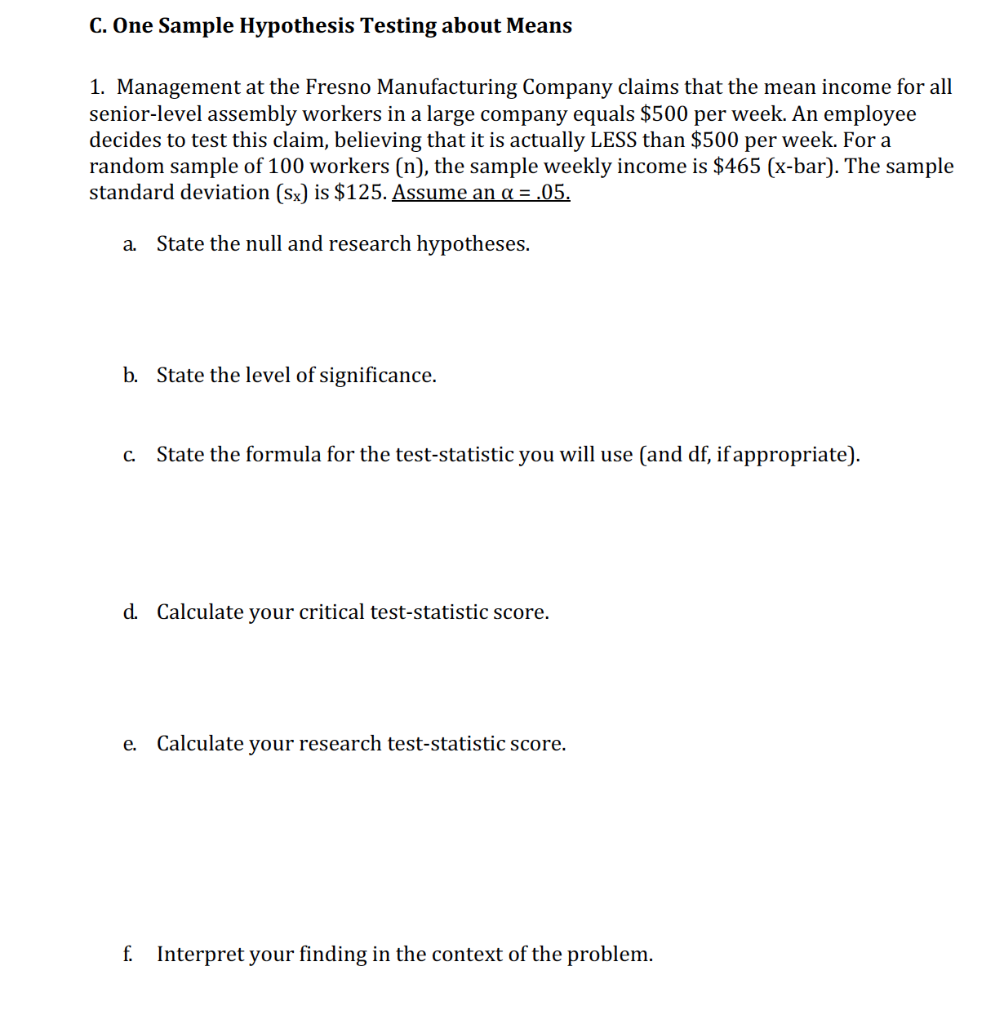 Solved C. One Sample Hypothesis Testing about Means 1. | Chegg.com