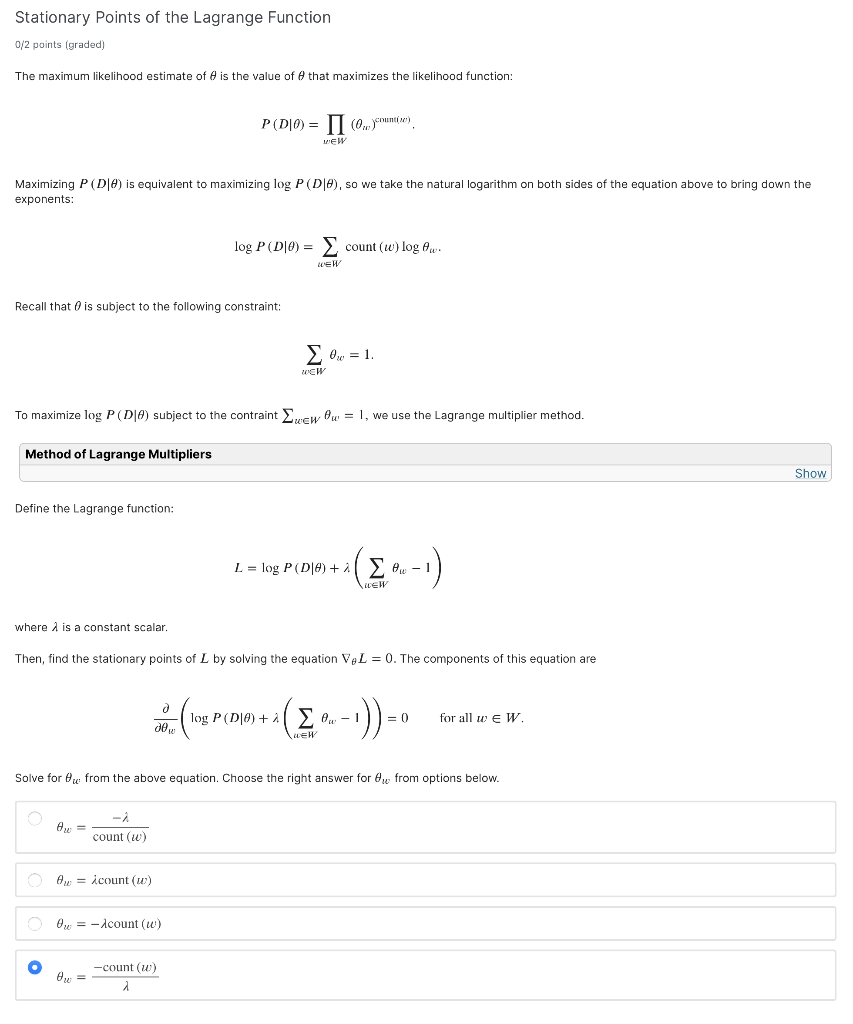 Solved Stationary Points of the Lagrange Function 0/2 points | Chegg.com