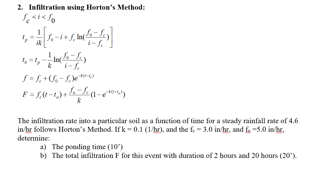 Solved 2. Infiltration using Horton's Method: fc | Chegg.com