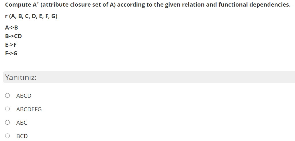 Solved Compute At (attribute closure set of A) according to | Chegg.com