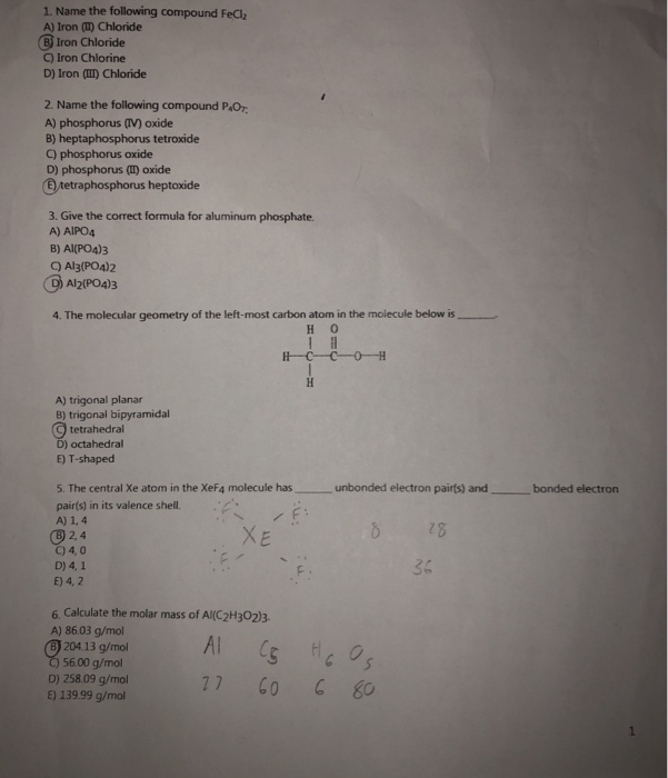 Solved 1. Name the following compound FeCl A) Iron () | Chegg.com