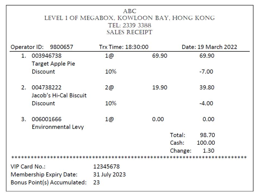Solved Question 2 A sample customer receipt from a | Chegg.com