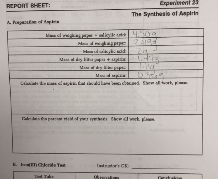 Solved Experiment 23 REPORT SHEET: The Synthesis of Aspirin | Chegg.com Solved Experiment 23 REPORT SHEET: The Synthesis of Aspirin | Chegg.com