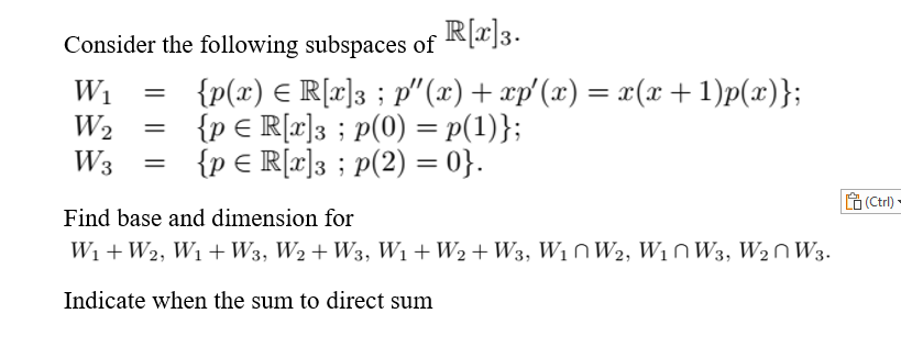 Solved Consider the following subspaces of R[x]3. | Chegg.com