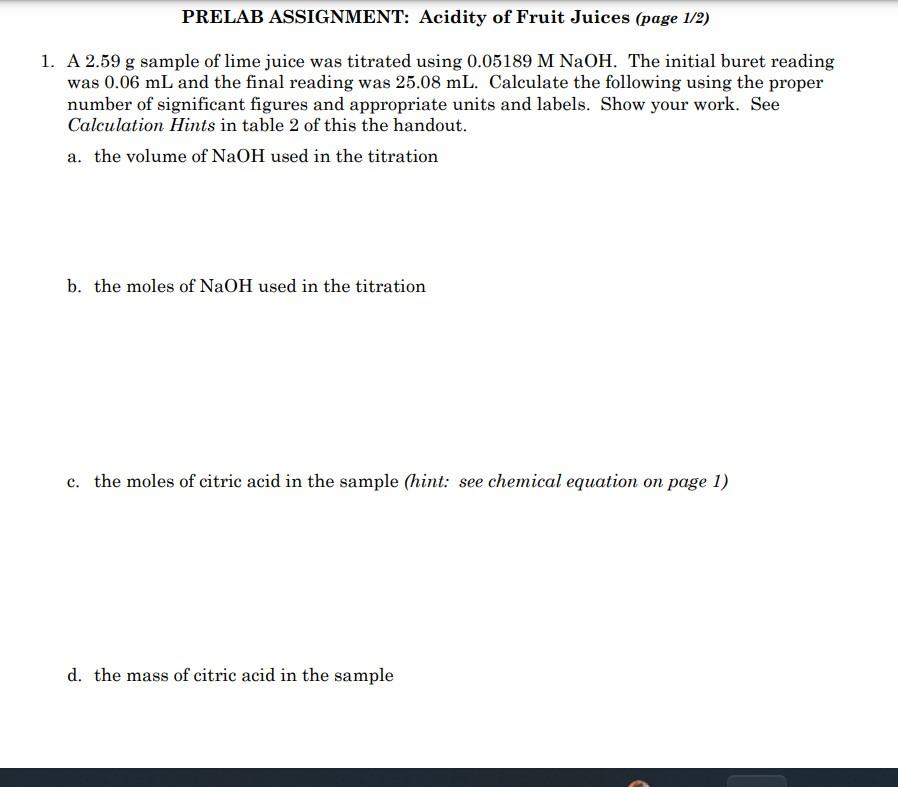 Solved PRELAB ASSIGNMENT: Acidity of Fruit Juices (page 1/2) | Chegg.com
