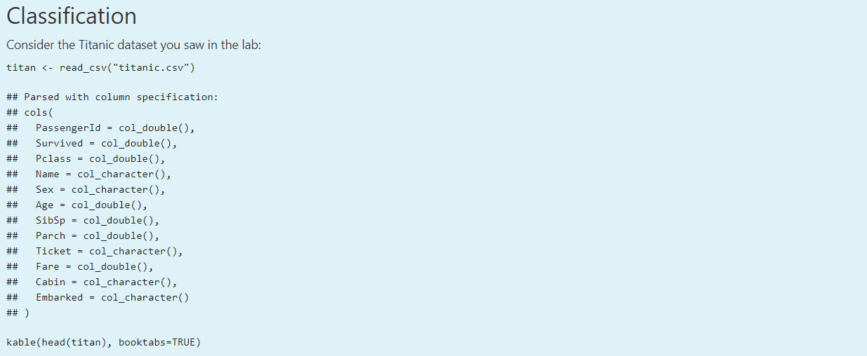 Classification Consider the Titanic dataset you saw | Chegg.com