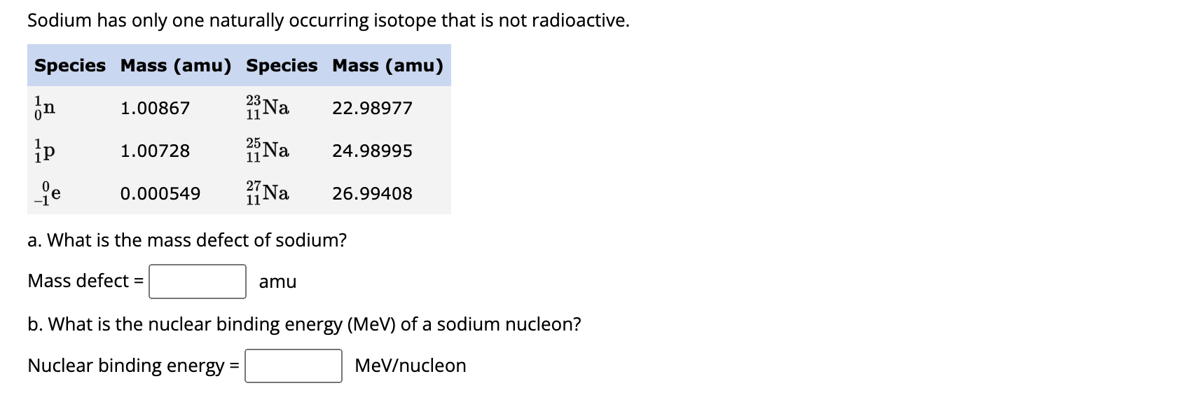 Solved Sodium has only one naturally occurring isotope that | Chegg.com