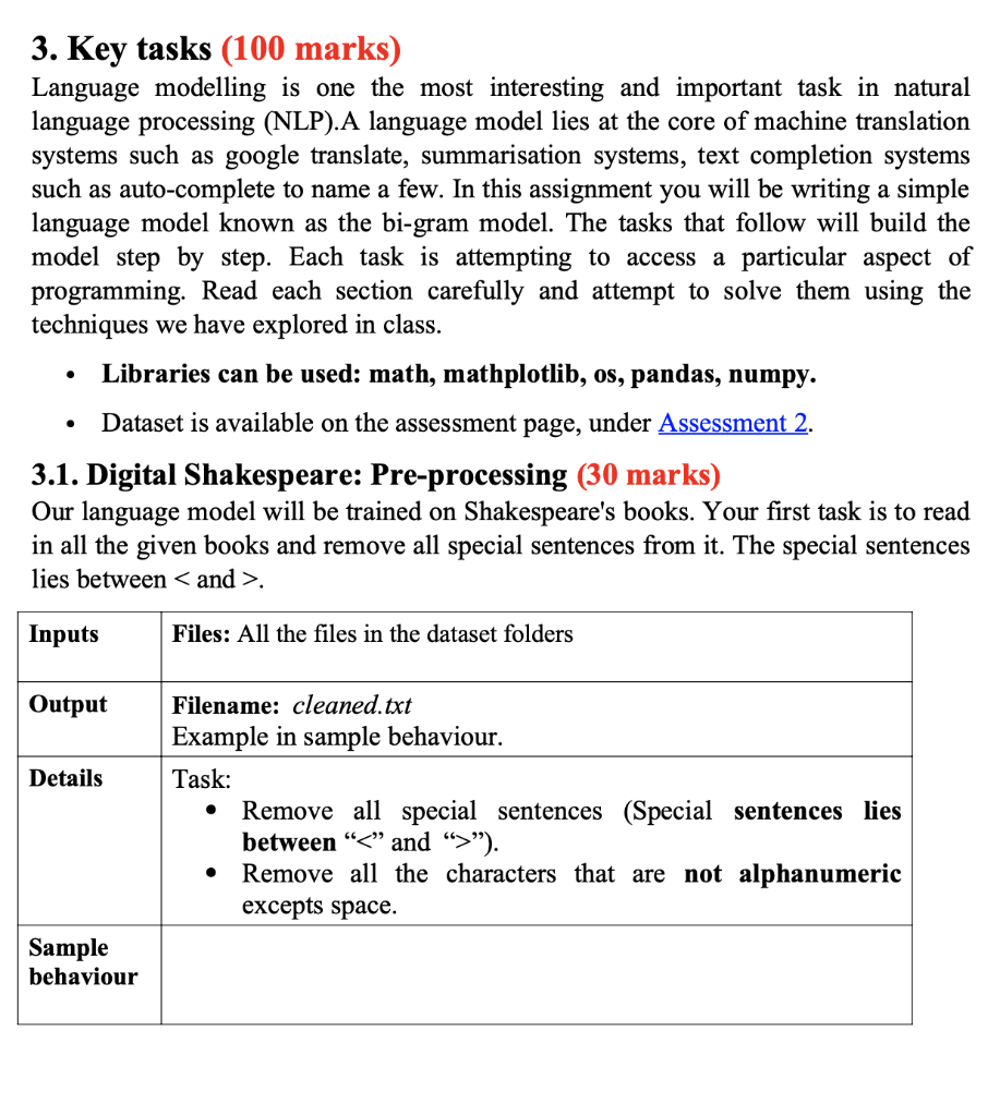 3. Key tasks (100 marks) Language modelling is one | Chegg.com