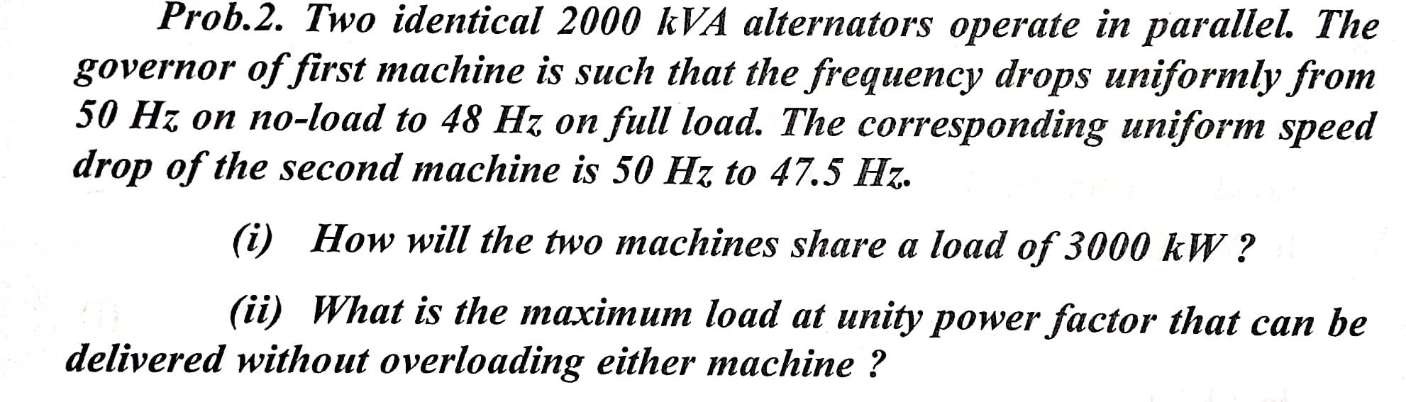 Solved Prob.2. Two identical 2000 kVA alternators operate in | Chegg.com