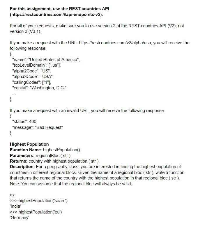 Solved For this assignment, use the REST countries API | Chegg.com