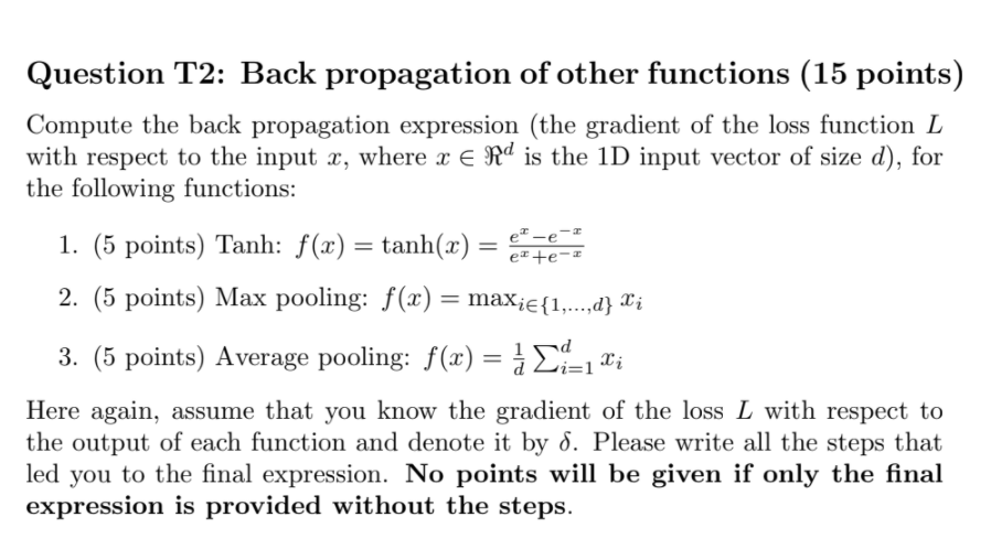 = Question T2: Back propagation of other functions | Chegg.com
