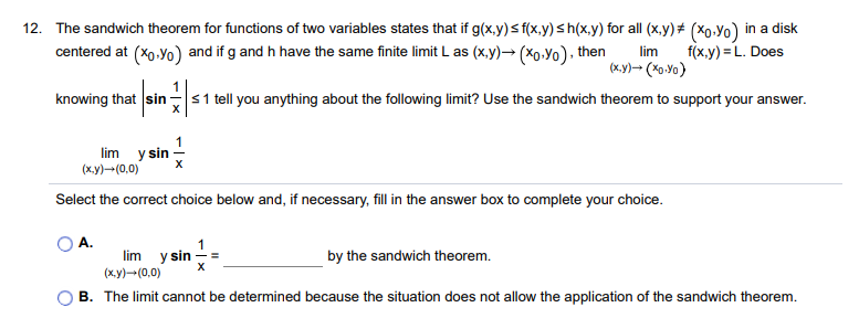 Solved 12. The sandwich theorem for functions of two | Chegg.com