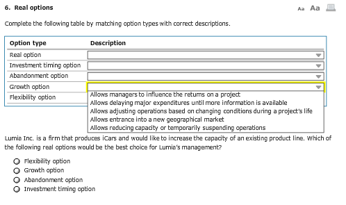 Solved 6. Real options AAa Complete the following table by | Chegg.com