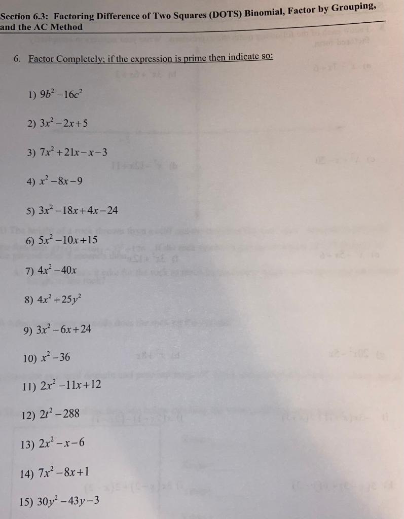 Solved Section 6.3: Factoring Difference of Two Squares | Chegg.com