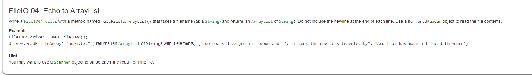 Solved Filelo 04: Echo to ArrayList Write a File1004 class | Chegg.com Solved Filelo 04: Echo to ArrayList Write a File1004 class | Chegg.com