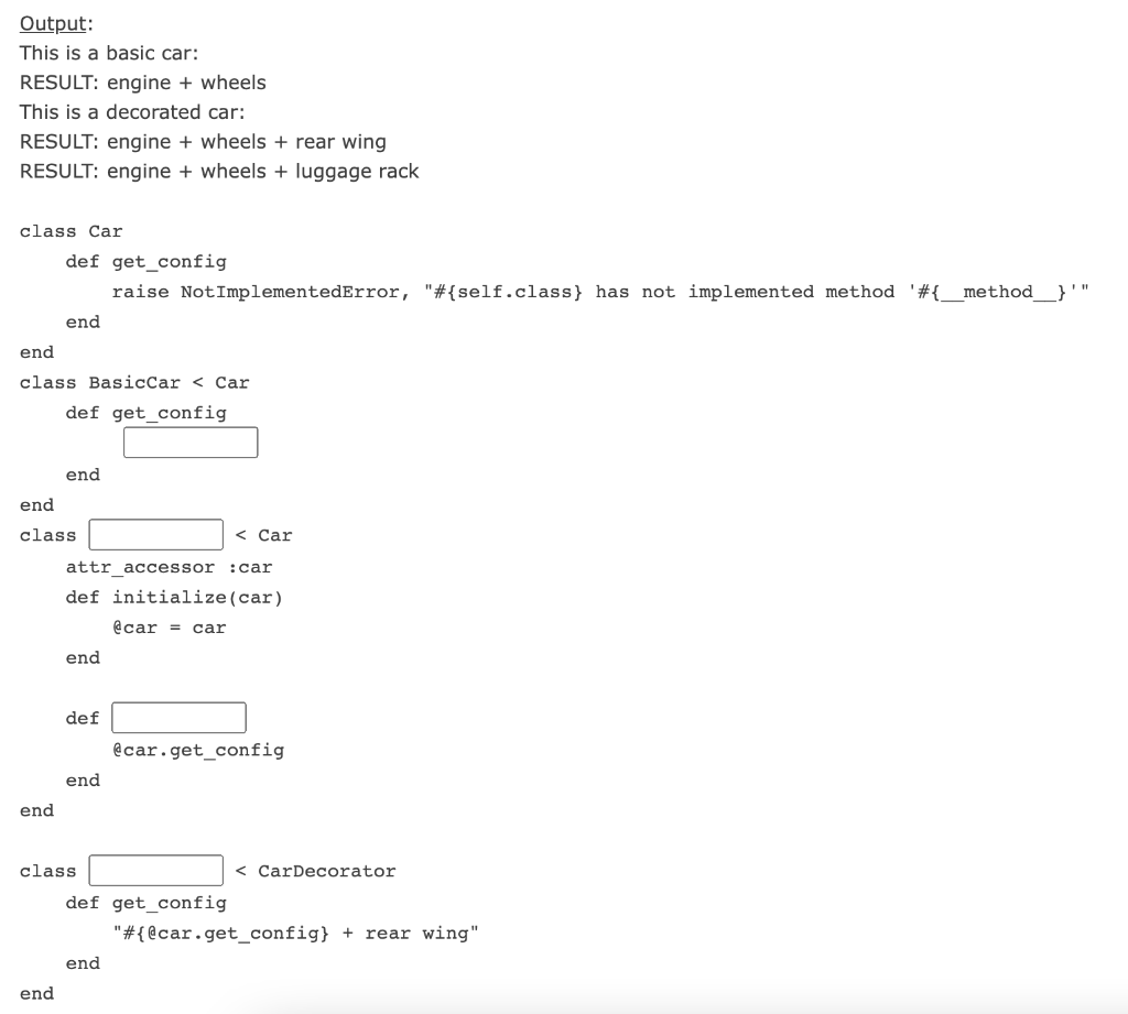 Output: This is a basic car: RESULT: engine + wheels | Chegg.com