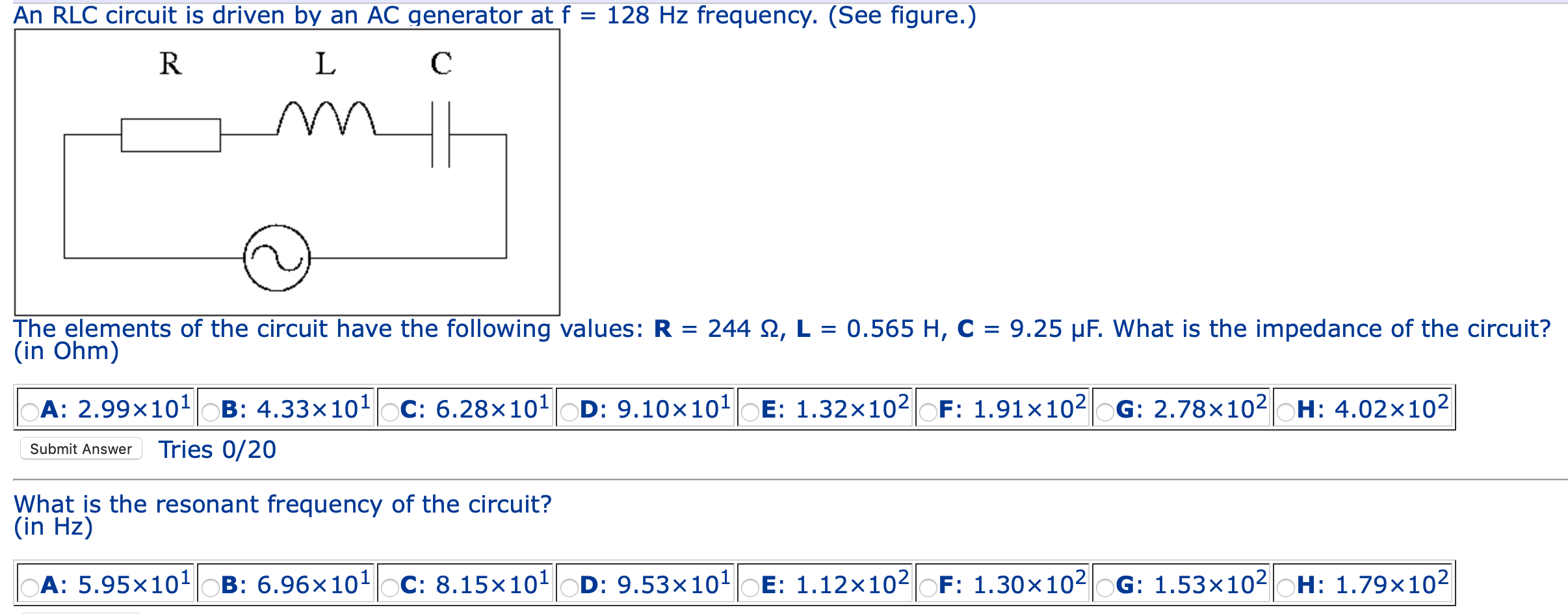 Solved An RLC circuit is driven by an AC generator at f 128 | Chegg.com