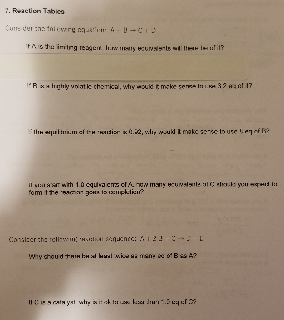 7. Reaction Tables Consider the following equation: A | Chegg.com