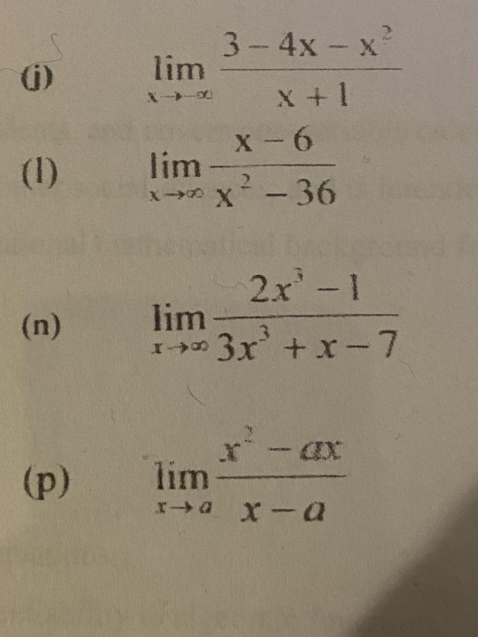 Solved (i) limx→−∞x+13−4x−x2 (1) limx→∞x2−36x−6 (n) | Chegg.com