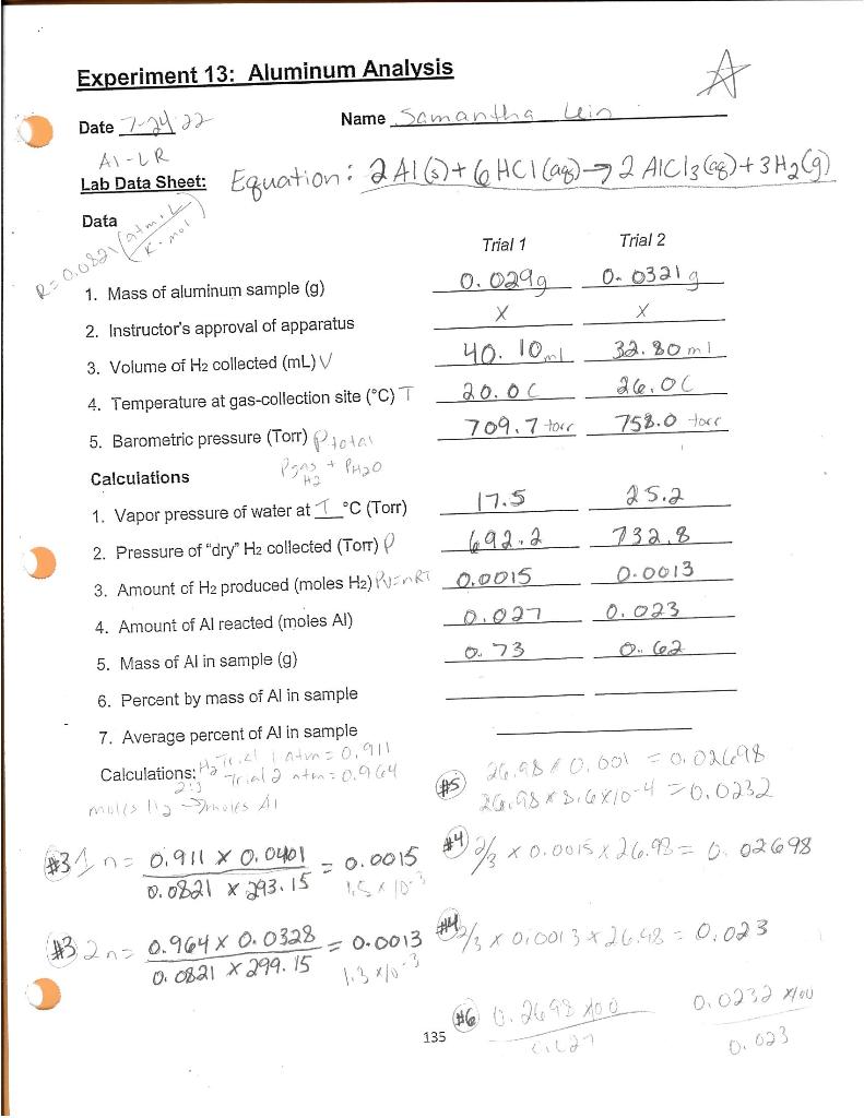 Solved Experiment 13: Aluminum Analysis ☆ Date 22 A1-LR Lab | Chegg.com