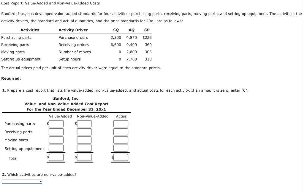Solved Cost Report, Value Added and Non-Value Added Costs | Chegg.com