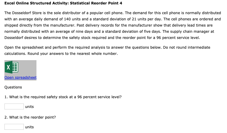 Excel Online Structured Activity: Statistical Reorder | Chegg.com