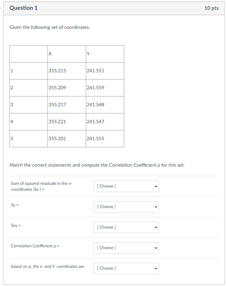 Solved Given the following set of coordinates: Match the | Chegg.com