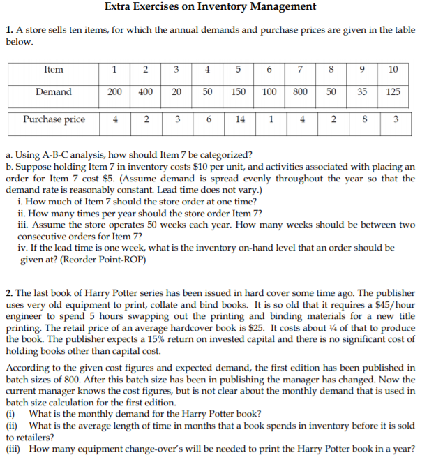 Solved Extra Exercises on Inventory Management 1. A store | Chegg.com