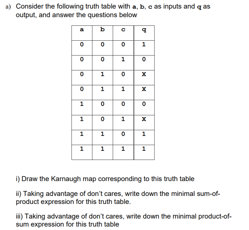 Solved a) Consider the following truth table with a, b, c as | Chegg.com