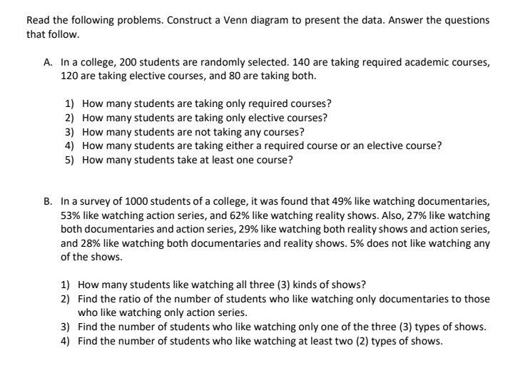 Solved Read the following problems. Construct a Venn diagram | Chegg.com
