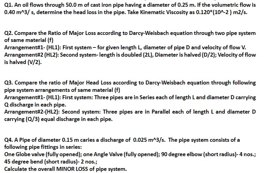 Solved Q1. An oil flows through 50.0 m of cast iron pipe | Chegg.com