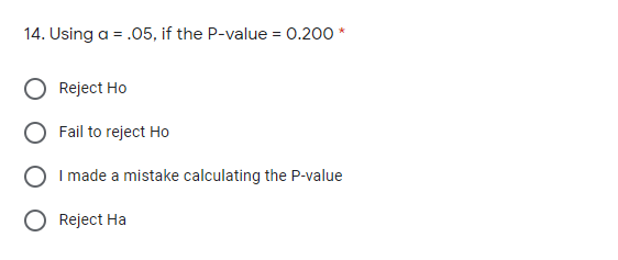 Solved 14. Using a = .05, if the P-value = 0.200* Reject Ho | Chegg.com