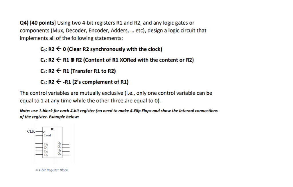 Solved Q4) [40 points] Using two 4-bit registers R1 and R2, | Chegg.com