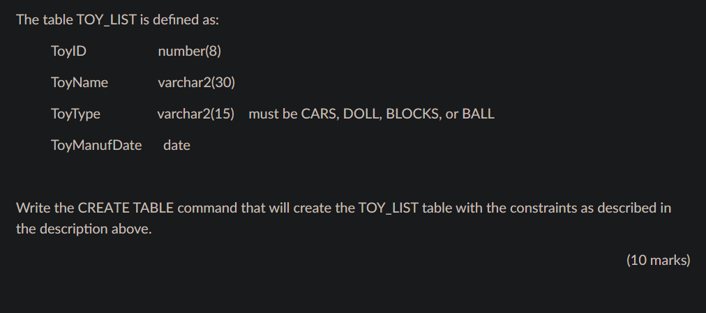 Solved The table TOY_LIST is defined as: ToylD number(8) | Chegg.com
