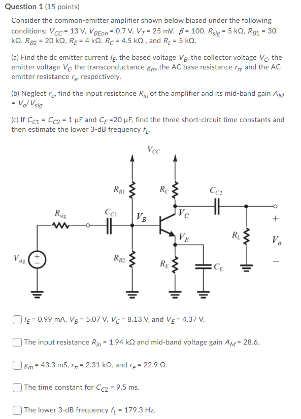 Solved Question 1 (15 points) Consider the common-emitter | Chegg.com