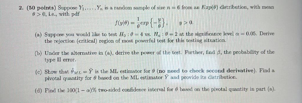 Solved 2. (50 points) Suppose Y1,..., Yn is a random sample | Chegg.com