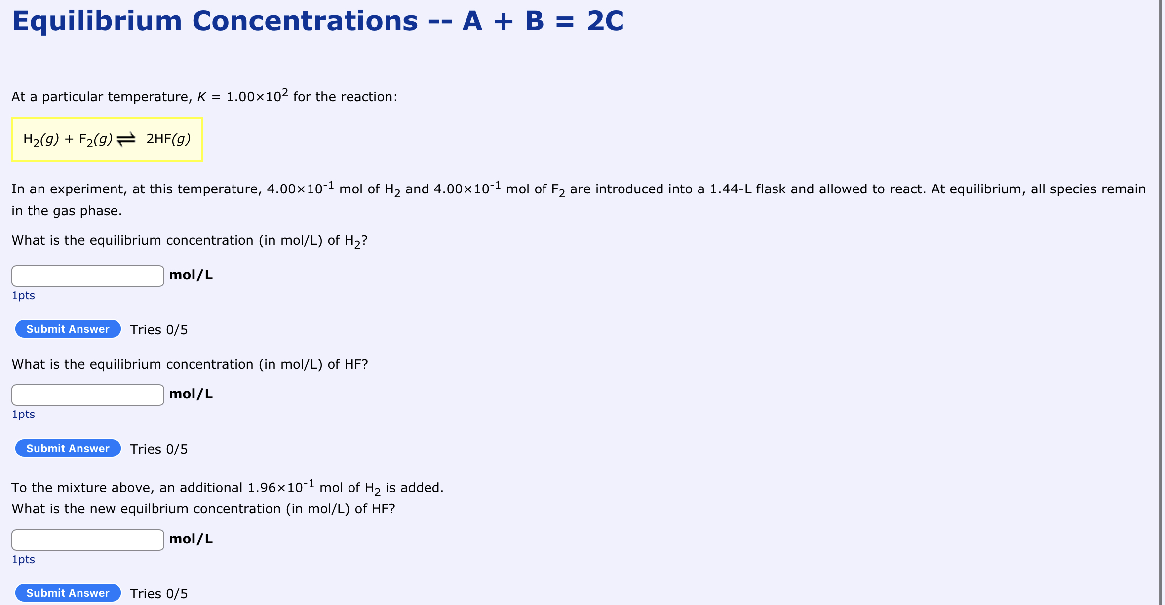 Solved Equilibrium Concentrations -- A + B =2C At a | Chegg.com