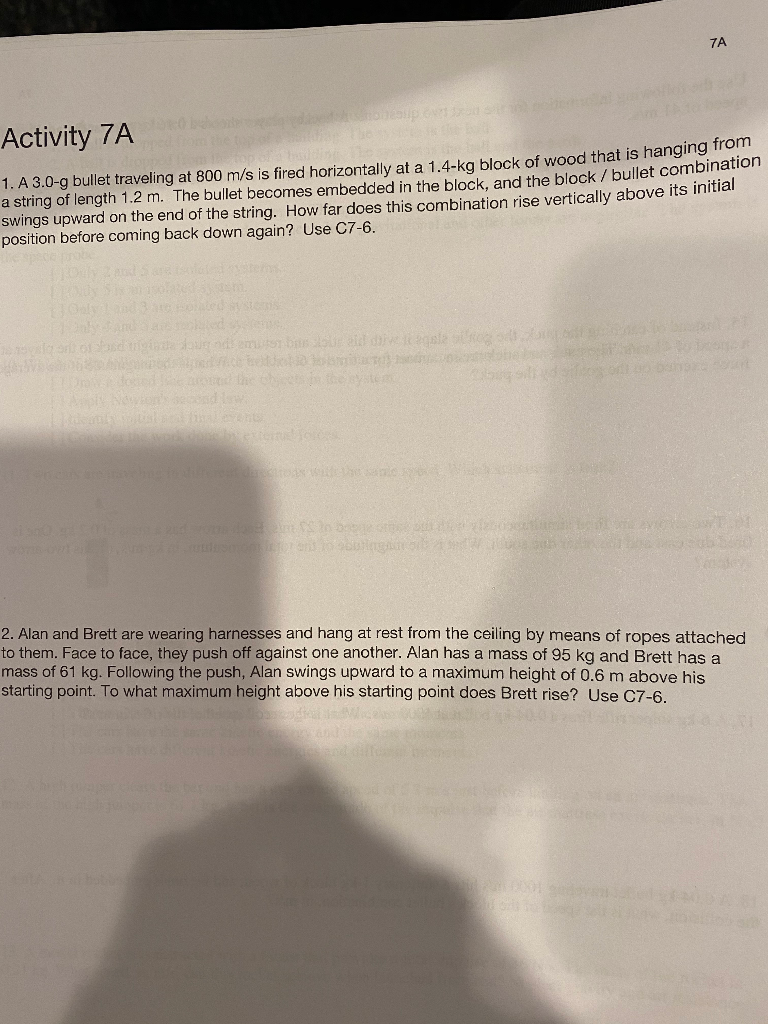 Solved 7A Activity 7A 1. A 3.0-9 bullet traveling at 800 m/s | Chegg.com