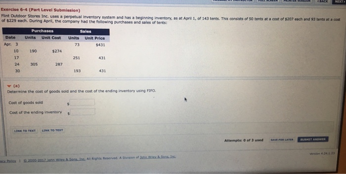 Solved Exercise 6-4 (Part Level Submission) Flint Outdoor | Chegg.com