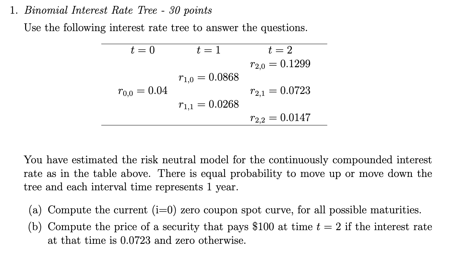 1. Binomial Interest Rate Tree - 30 points Use the | Chegg.com