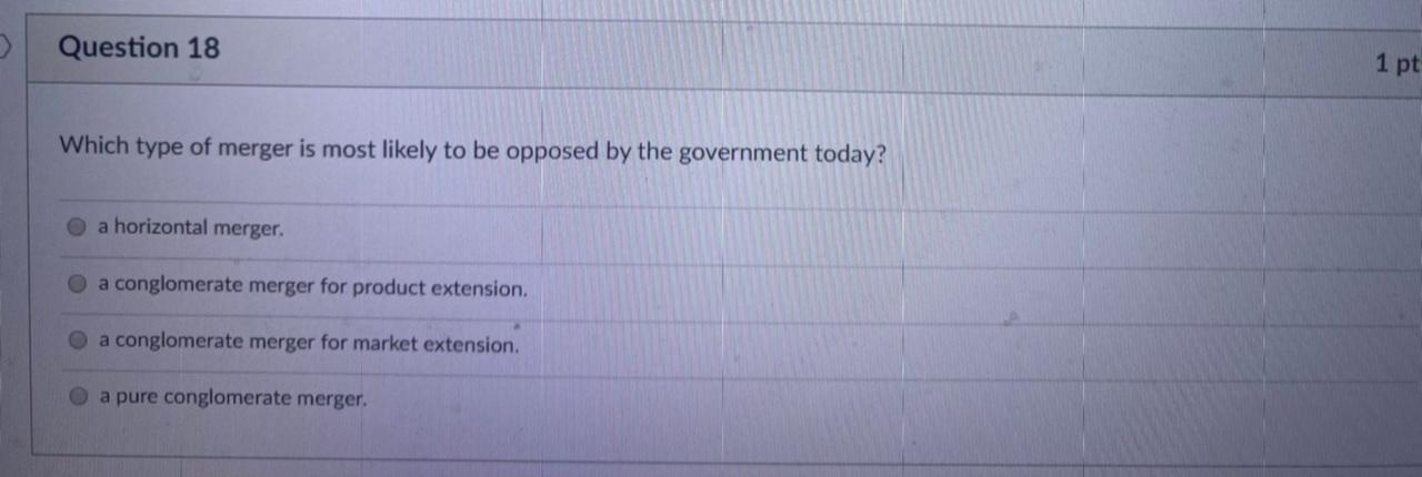 Solved Question 18 1 pt Which type of merger is most likely | Chegg.com