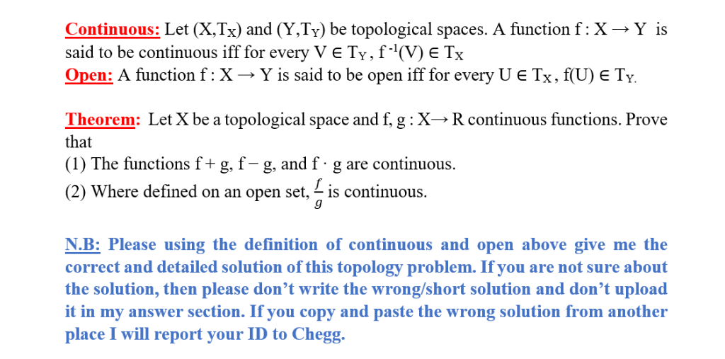 Solved Continuous: Let (X,Tx) and(Y,TY) be topological | Chegg.com