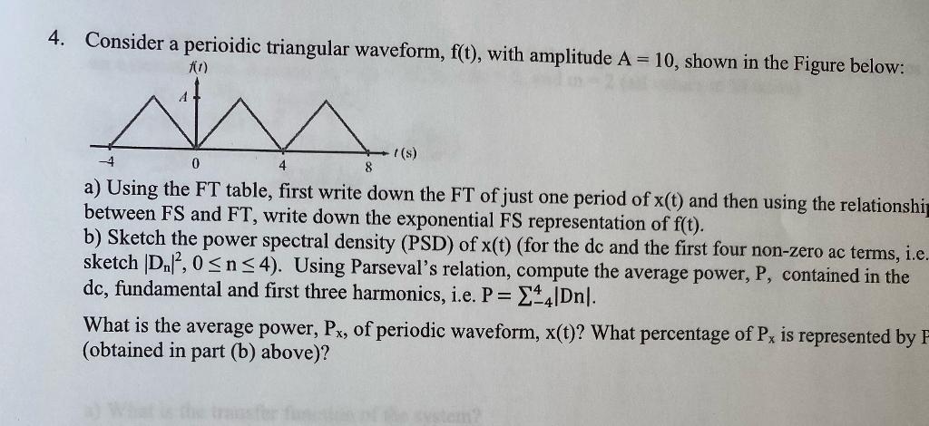 Solved 4. Consider a perioidic triangular waveform, f(t), | Chegg.com