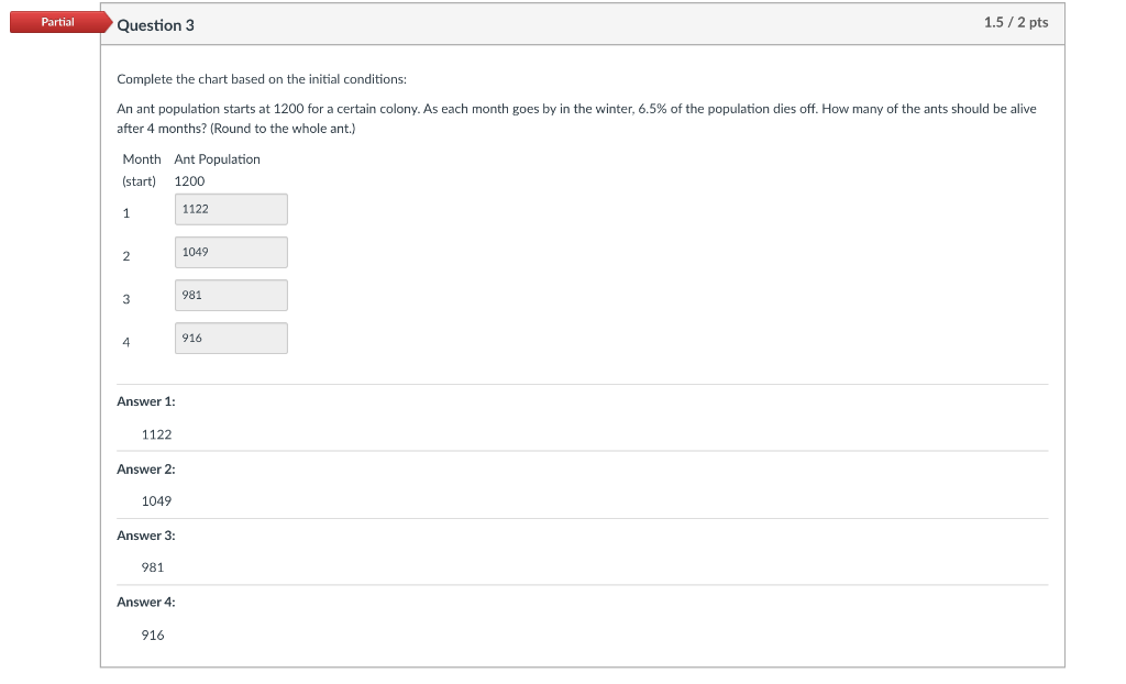 Solved Partial Question 3 1.5 / 2 pts Complete the chart | Chegg.com