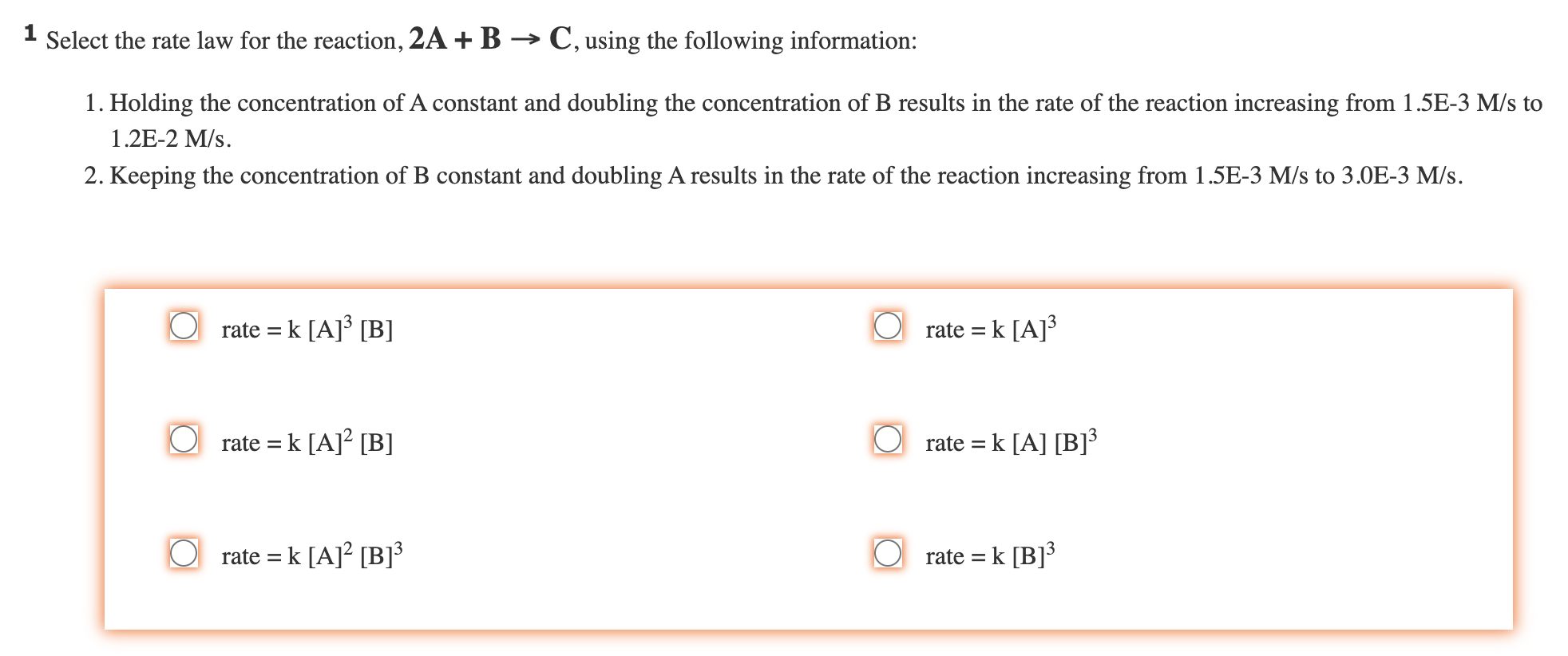 Solved 1 Select the rate law for the reaction, 2A+B→C, using | Chegg.com