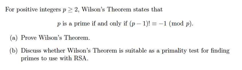 Solved For positive integers p 2 2, Wilson's Theorem states | Chegg.com